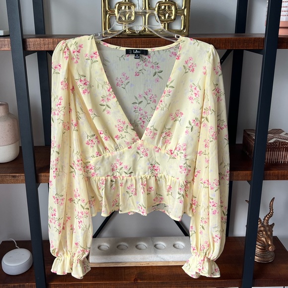 Lulus | Tops | Lulus Yellow Pink And Green Floral Peplum Long Sleeve ...